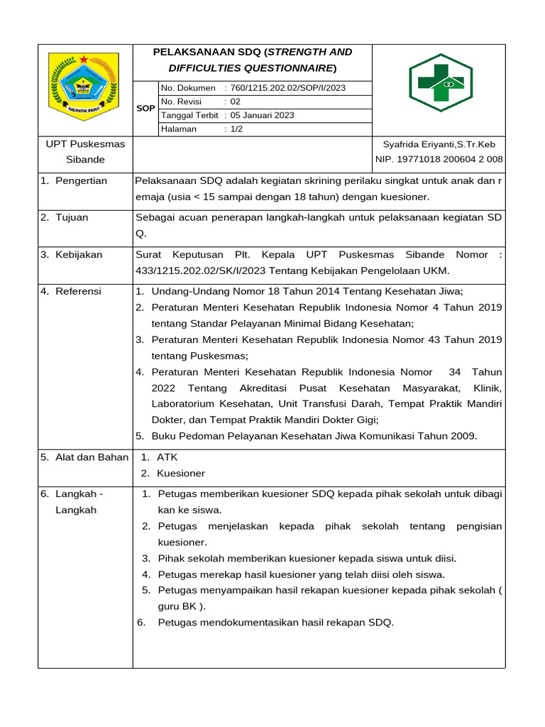 SOP Pelaksanaan SDQ untuk Anak Remaja | PDF