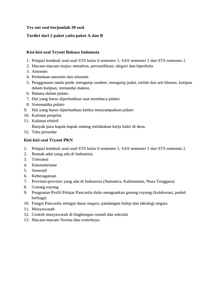 KISI-KISI TRYOUT PKN Dan Bahasa Indonesia | PDF