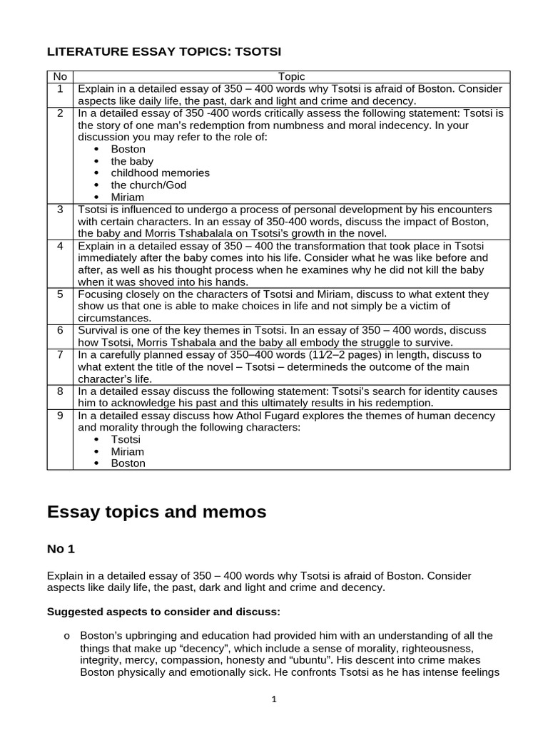 Tsotsi - Lit Essay Topics & Memos | PDF | Essays | Compassion