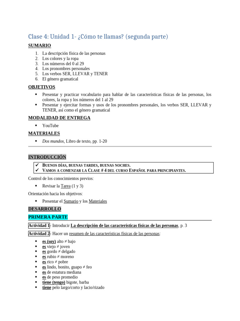 Beginners Spanish Class 4 | PDF | Lingüística