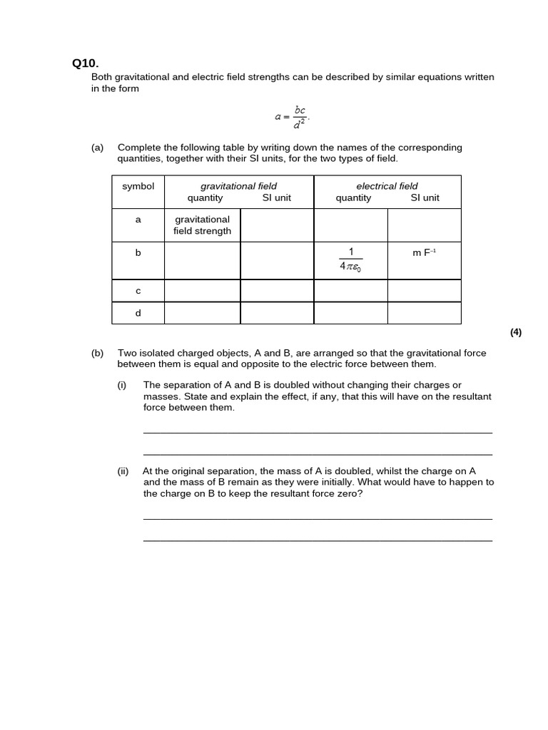 Gravitational and Electric Questions | PDF | Force | Electric Field