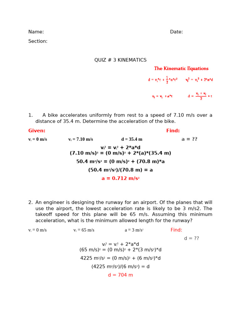 QUIZ # 3 KINEMATICS WD Answers | PDF | Mechanics | Motion (Physics)