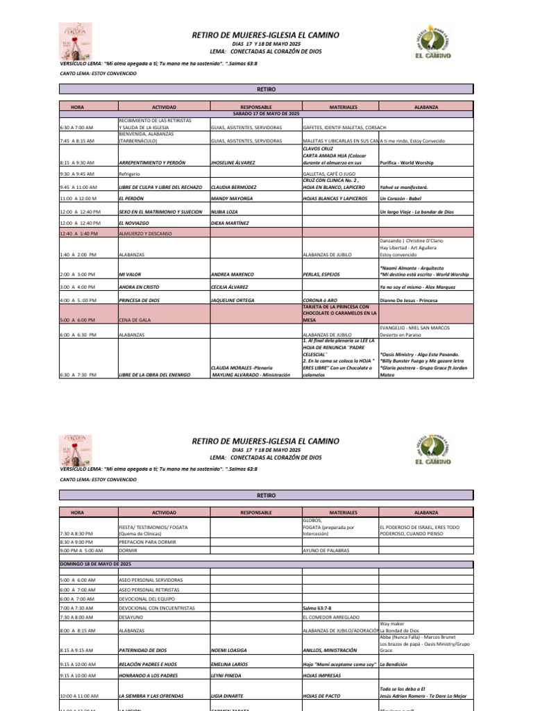 Programa Retiro de Mujeres IGLESIA EL CAMINO - MAYO 2025 | PDF ...