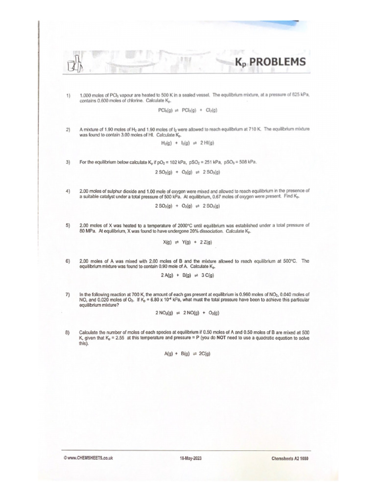 1.000 Moles of PCis Vapour Are Heated To 500 K in A Sealed Vessel. The ...