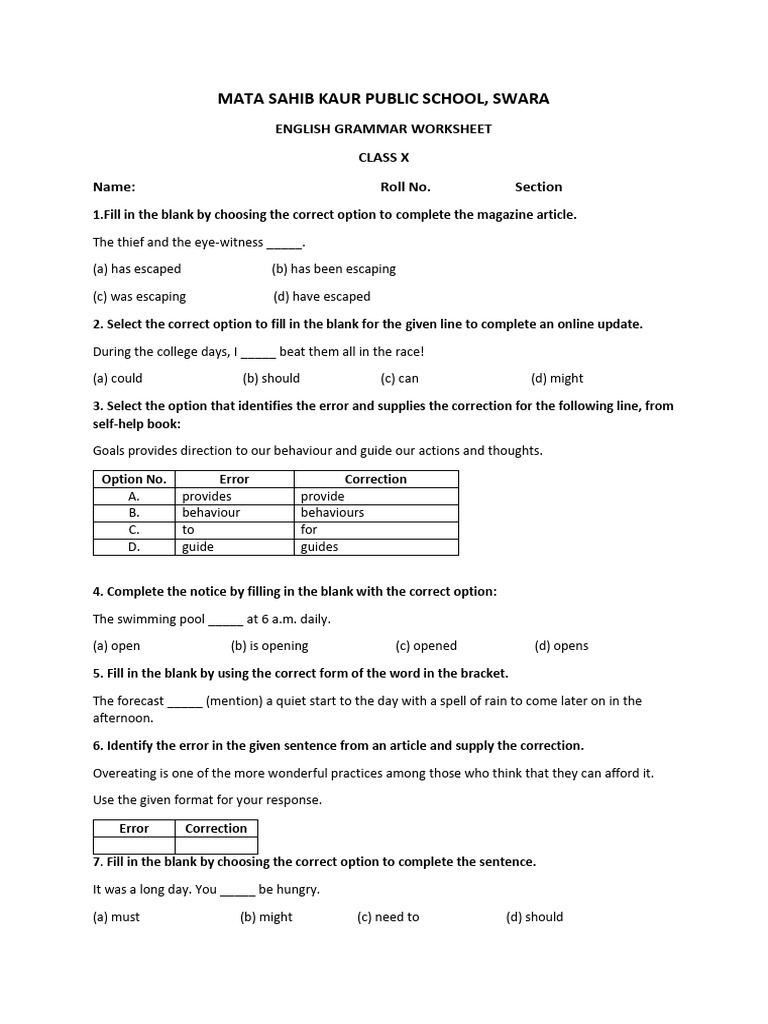 10th English Grammar Worksheet | PDF | Human Communication
