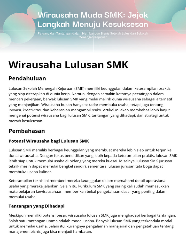 Peluang Wirausaha Lulusan SMK | PDF