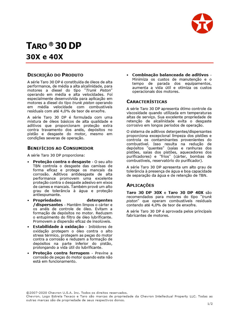 Taro 30 DP: Óleo para Motores Diesel | PDF | Óleo de motor | Motores