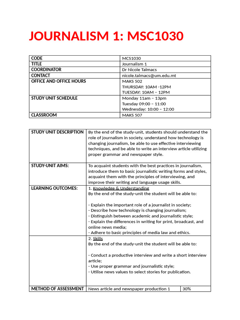 Journalism 1 - mcs1030 - Study Unit Outline 2 | PDF | Journalism | Essays