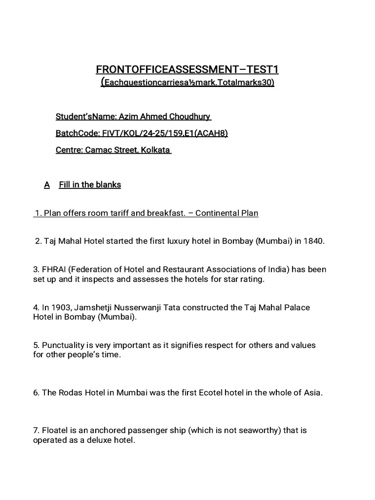 Front Office Assignment | PDF | Hotel | Hospitality Industry