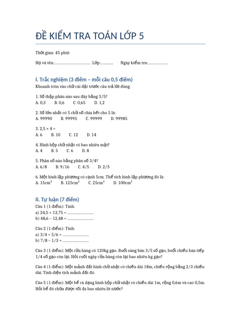 De Kiem Tra Toan Lop 5 | PDF