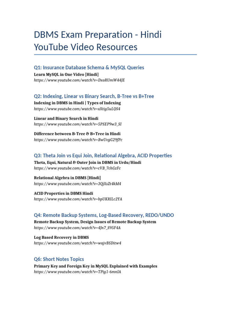 DBMS Hindi Video Resources | PDF