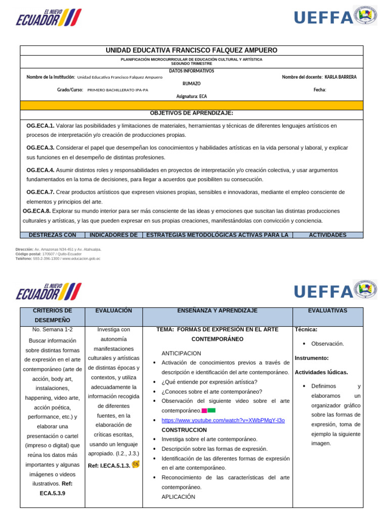 1BGU - ECA- 2do Trimestres 2023 | PDF | Arte de performance | Aprendizaje