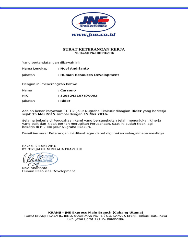Surat Keterangan Kerja JNE | PDF