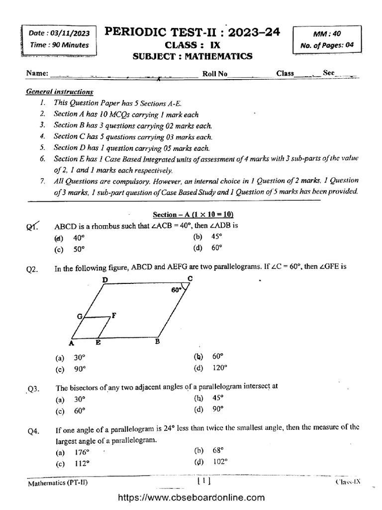 Cbse Class 9 Periodic Test 2 Mathematics 010424 Nov 2023 | PDF