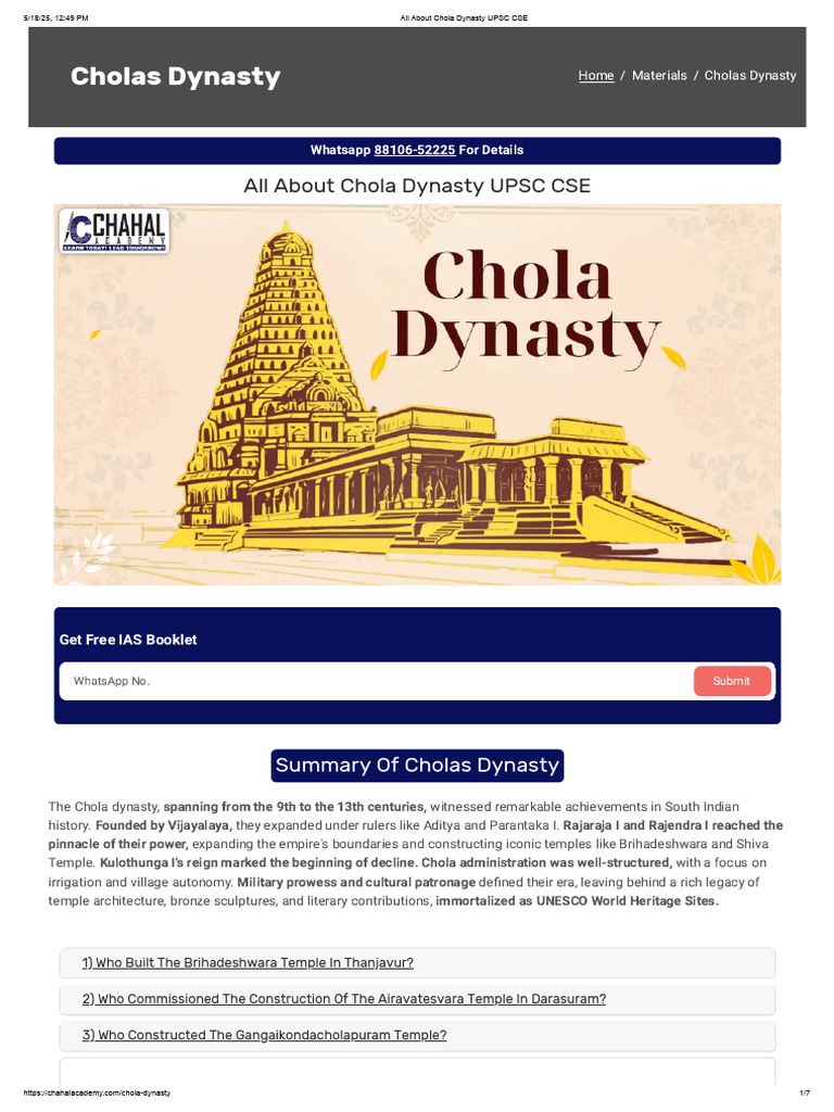 All About Chola Dynasty UPSC CSE | PDF