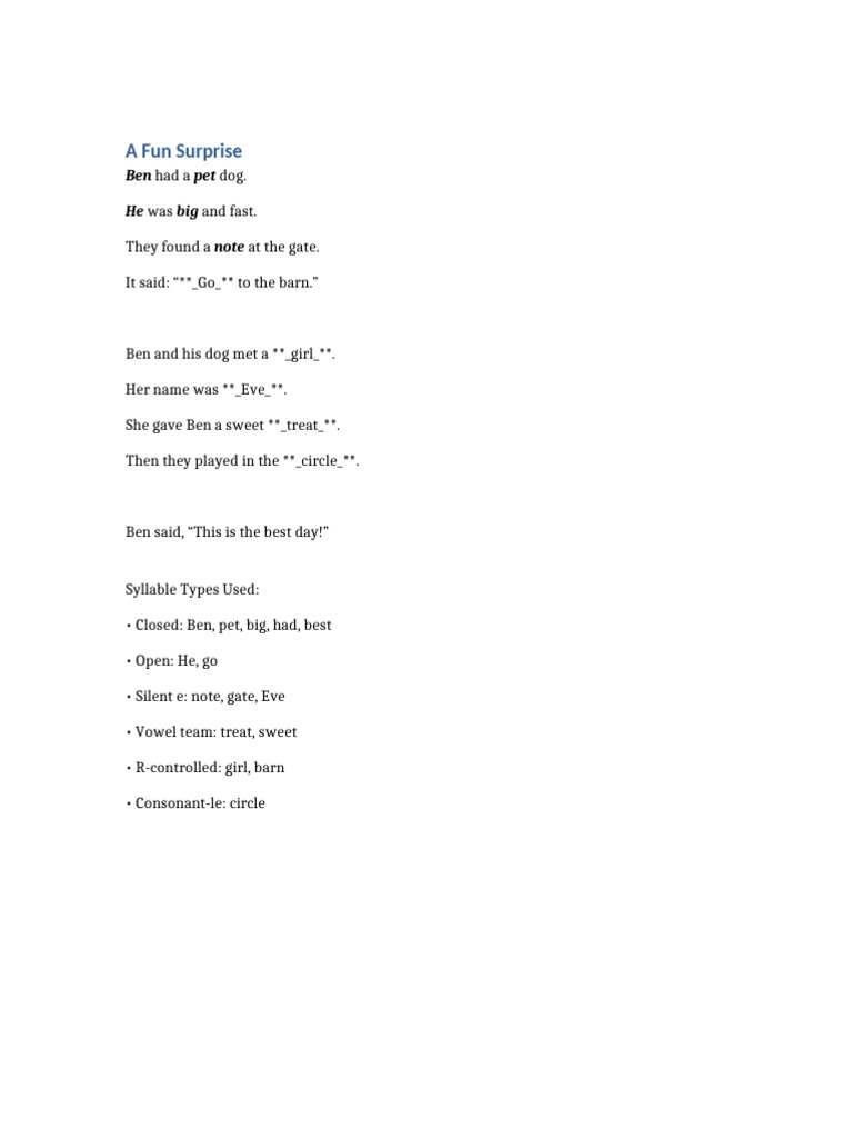 A Fun Surprise Syllable Story | PDF