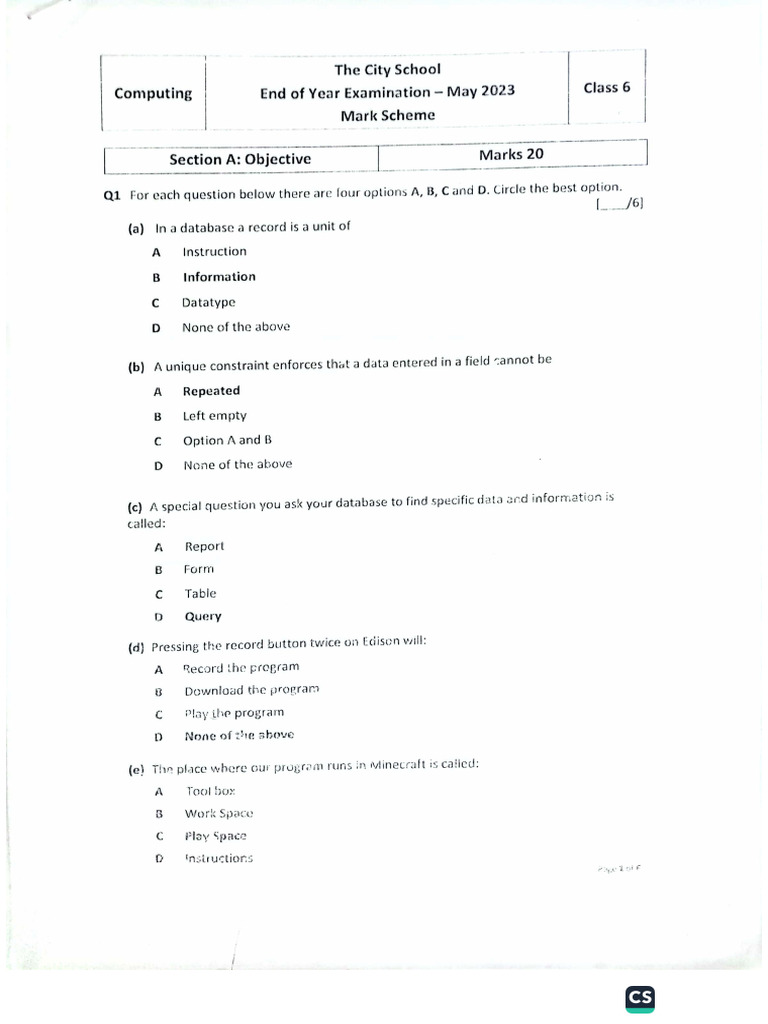 Class 6 EOY Marking Key 2023 | PDF