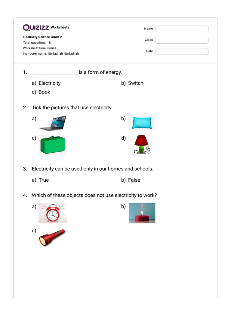 Grade 2 Electricity Worksheets | PDF | Electricity | Equipment