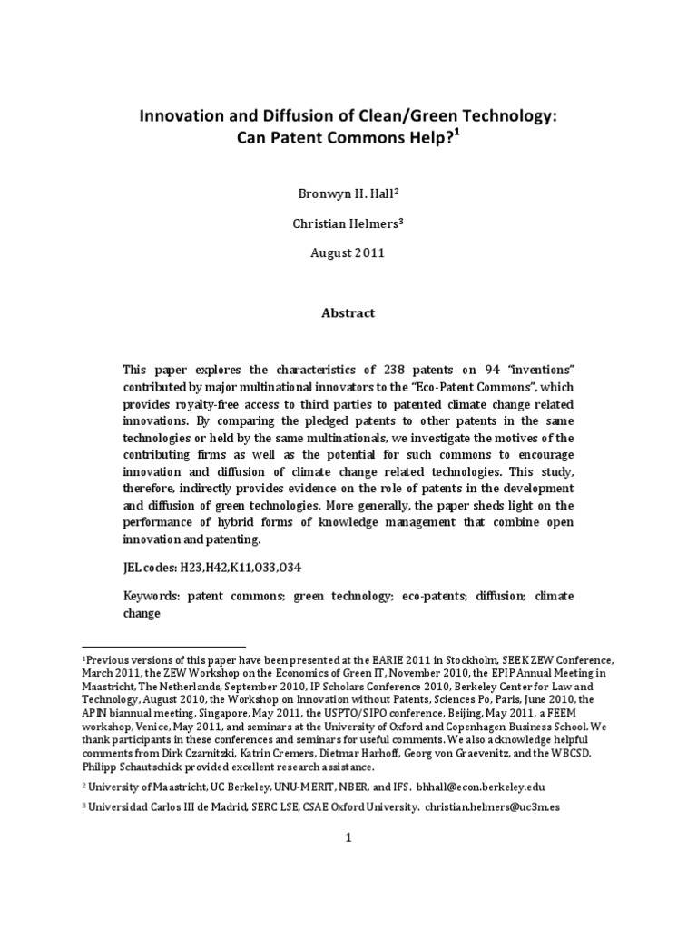 Innovation and Diffusion of Clean/Green Technology: Can Patent Commons ...