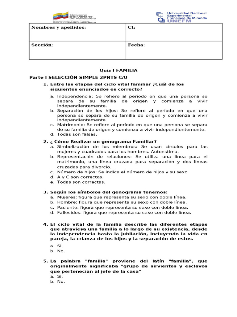 Quiz I Familia | PDF