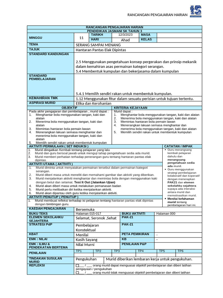 RPH Minggu 11 Pendidikan Jasmani THN 3 2023 by Cikgu | PDF