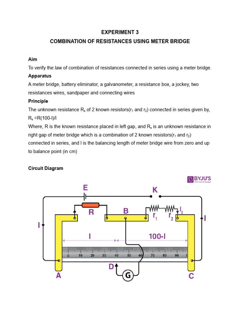 Series Combination of Resistances Using Meter Bridge | PDF
