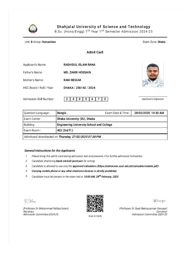 SUST Admit Card 2024-25 - Dha24256142 | PDF