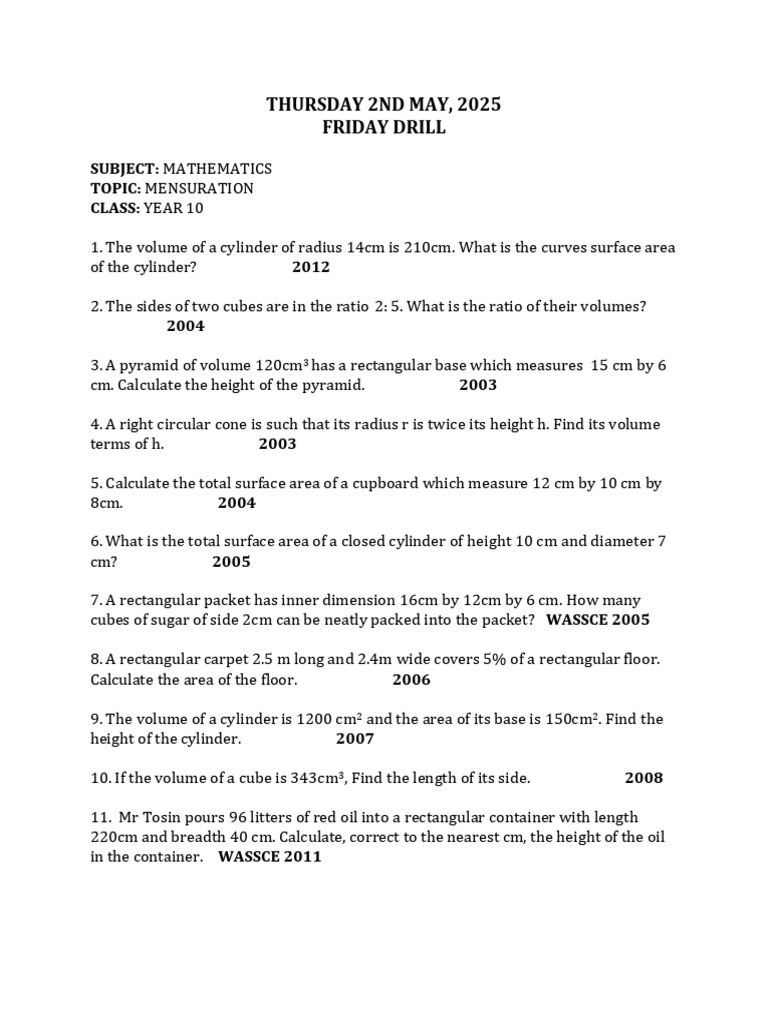 Year 10 Mensuration (Solid Shapes) | PDF | Volume | Area