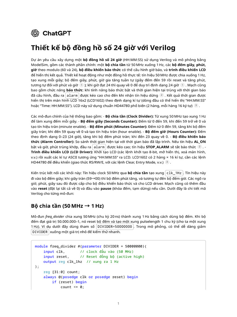Thiết Kế Bộ Đồng Hồ Số 24 Giờ Với Verilog | PDF
