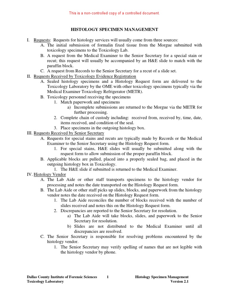 10 Histology Specimen Management, Version 2.1 | PDF | Histology | Business