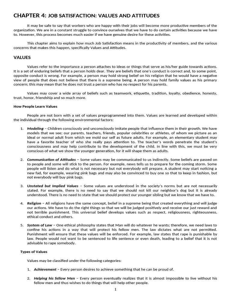 CHAPTER 4 Job Satisfaction Values and Attitudes | PDF | Attitude ...