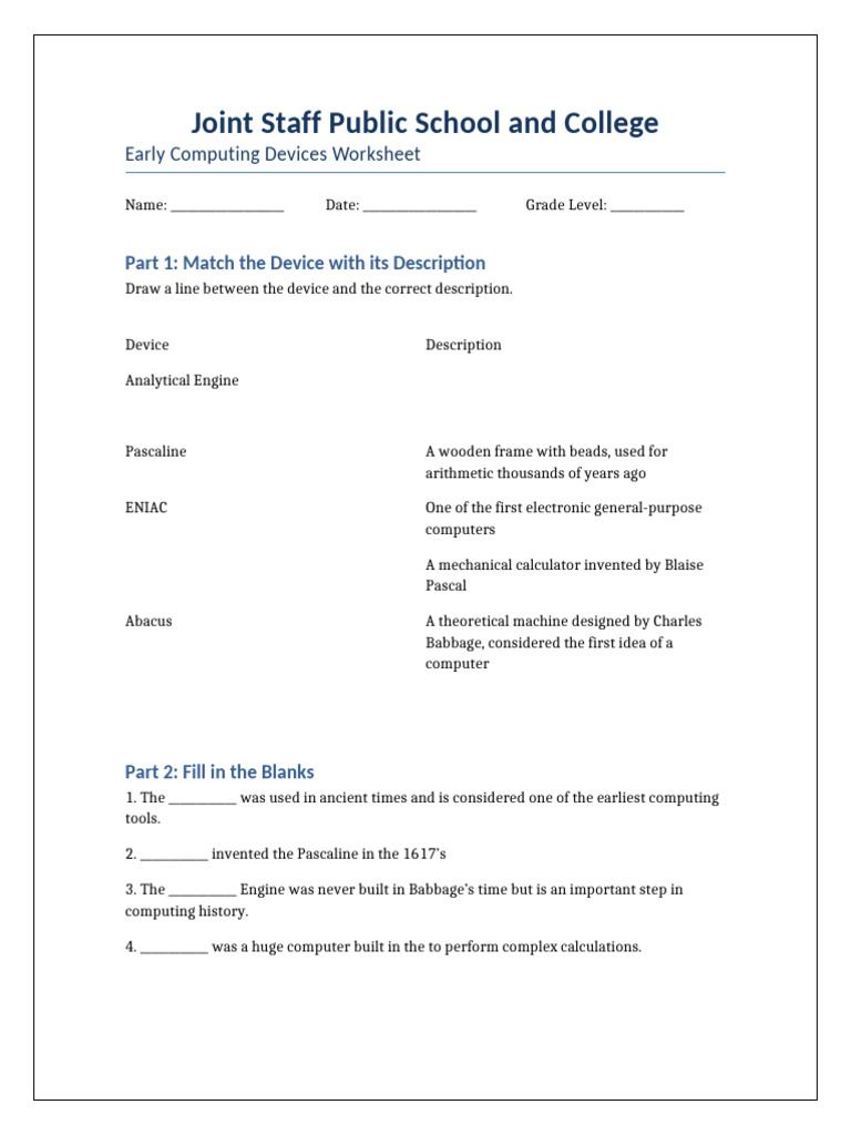 Early Computing Devices Worksheet | PDF