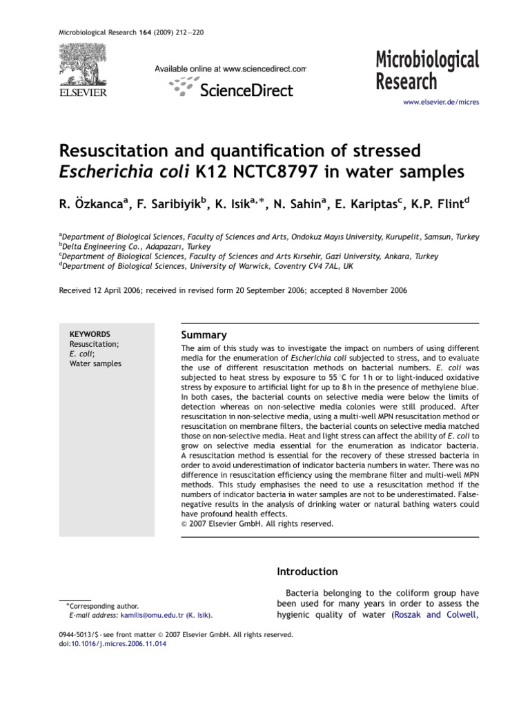 Resuscitation and Quantification of Stressed Escherichia Coli K12 ...
