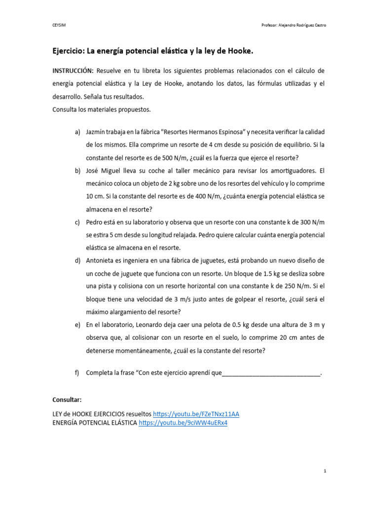 Ejercicio La Energ-A Potencial El-Stica y La Ley de Hooke | PDF