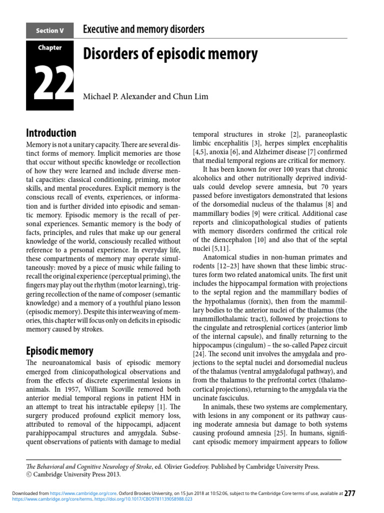 Disorders of Episodic Memory | PDF | Thalamus | Hippocampus