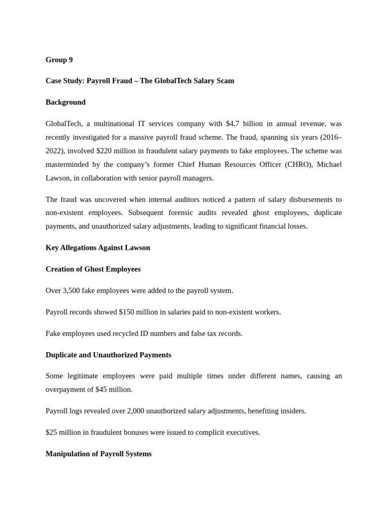 Case Study-Payroll Fraud the GlobalTech Salary Scam | PDF