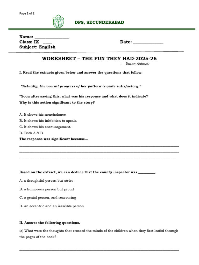 Class 9 Worksheet: The Fun They Had | PDF