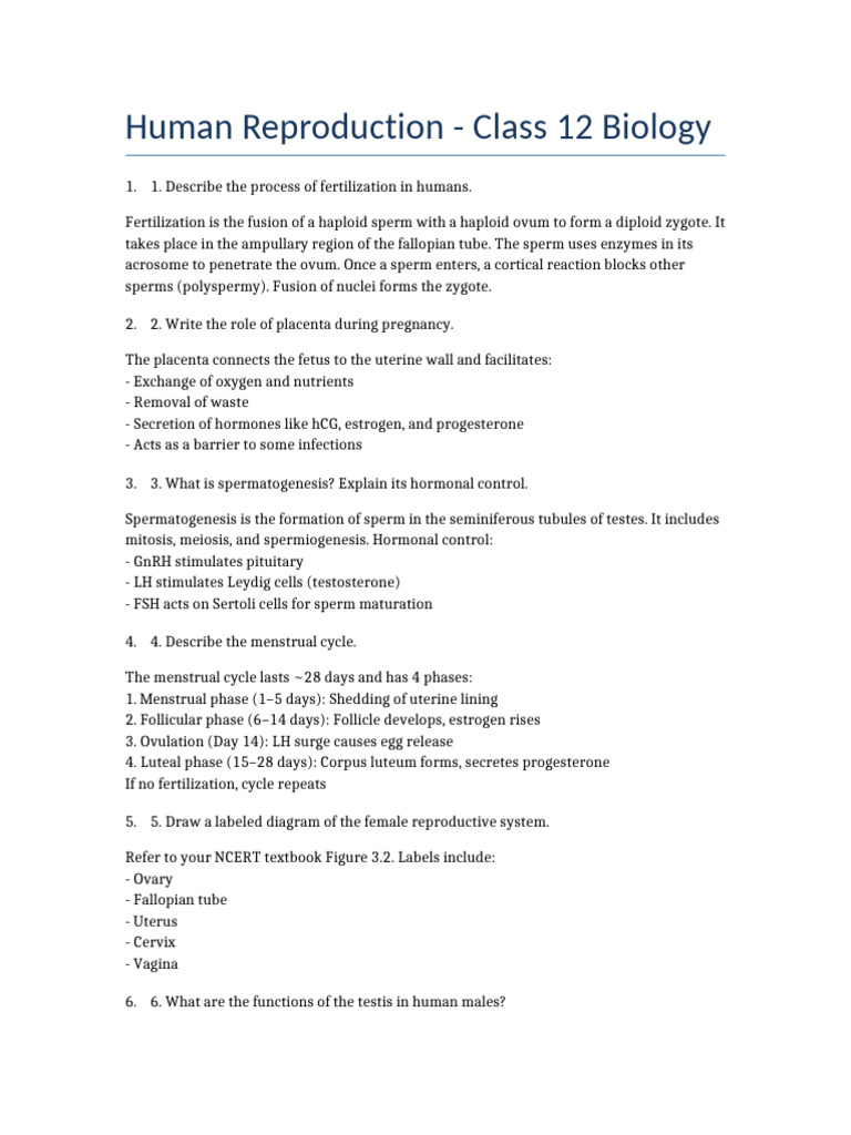 Human Reproduction Overview for Class 12 | PDF | Menstrual Cycle ...