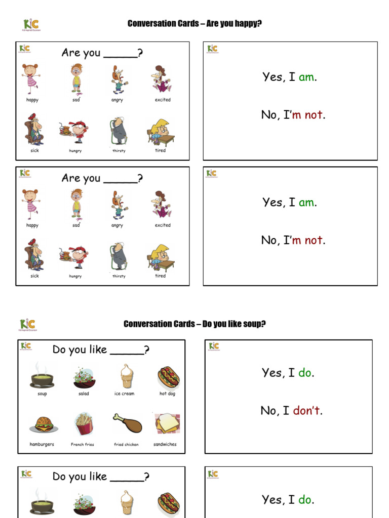 ESL Conversation Cards for Kids | PDF | Adjective | Verb