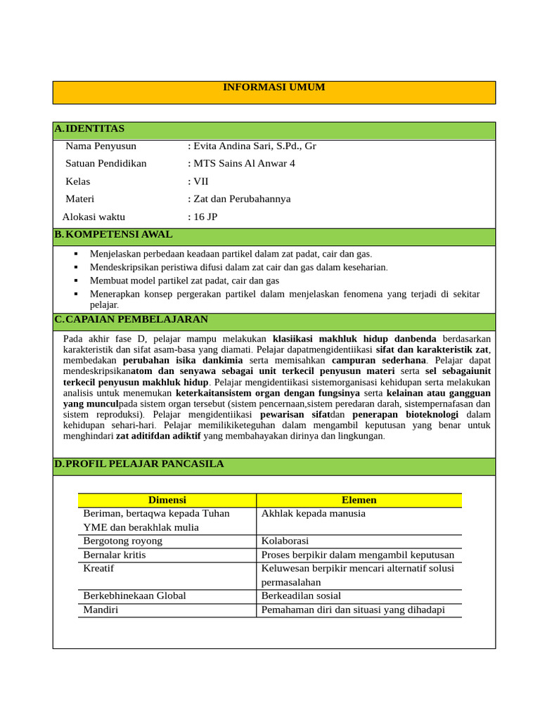 Modul Ajar Zat Dan Perubahannya (PSE, STOP, Diferensiasi, Project) | PDF