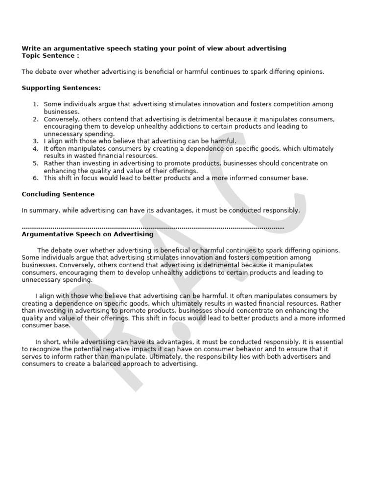 Argumentative Speech On Advertising | PDF