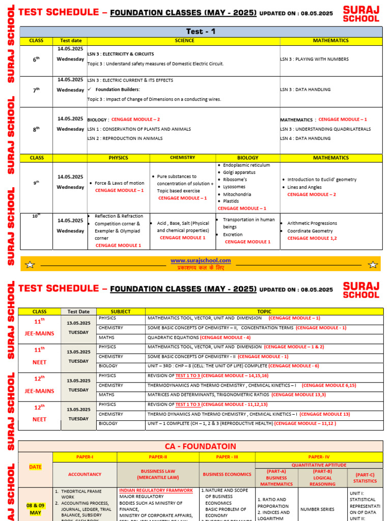May Month Foundation Classes Schedule 2025 | PDF | Mathematics | Chemistry