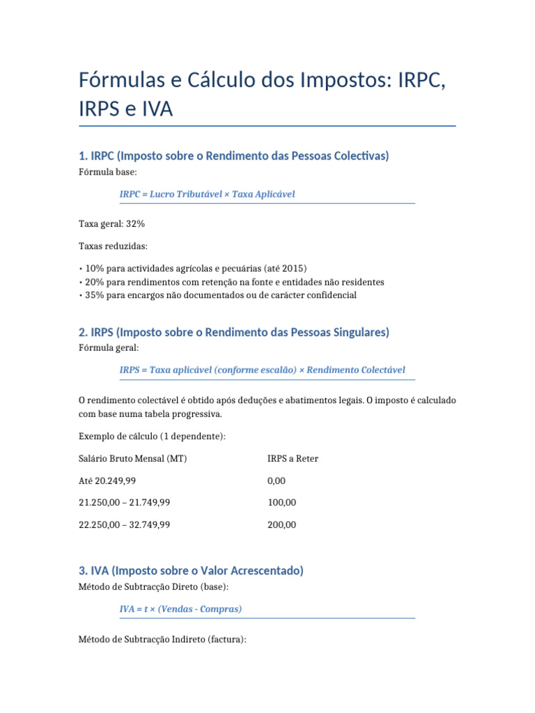 Formulas Calculo IRPC IRPS IVA Com Exemplos CORRIGIDO | PDF