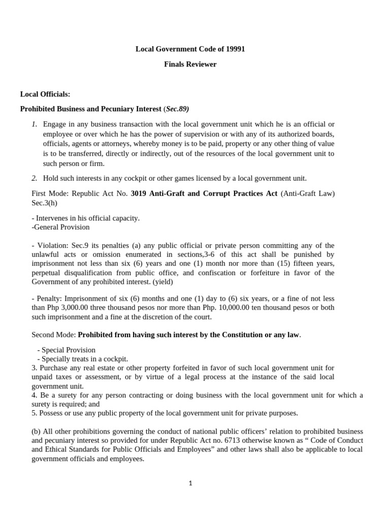 Local Government Code: Official Conduct Rules | PDF | Legal Liability ...