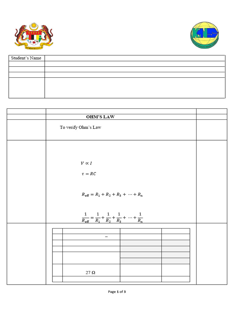 SP025 EXP2 Ohm's Law (Student's Copy) | PDF | Resistor | Series And ...
