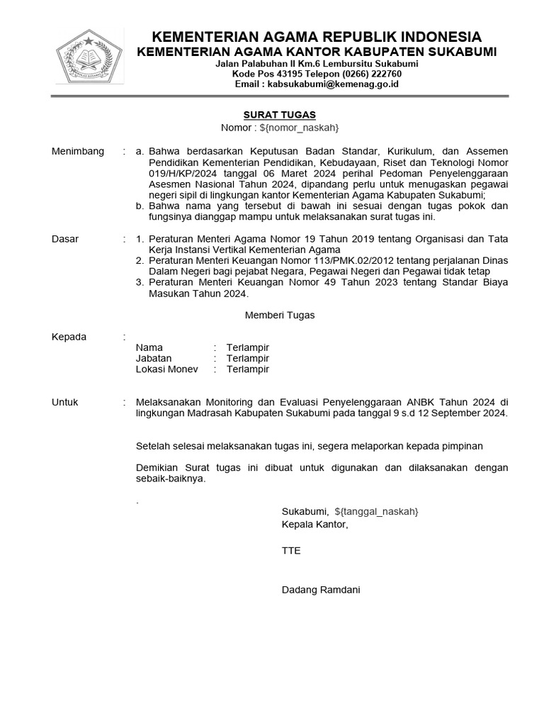 1.Monev_ANBK_MTs_2024-Surtug-Instrumen-SPD[1] | PDF