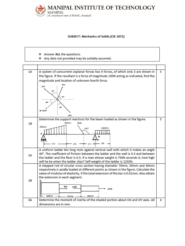 Mechanics of Solids (CIE 1071) (Makeup) | PDF | Young's Modulus | Mechanical Engineering
