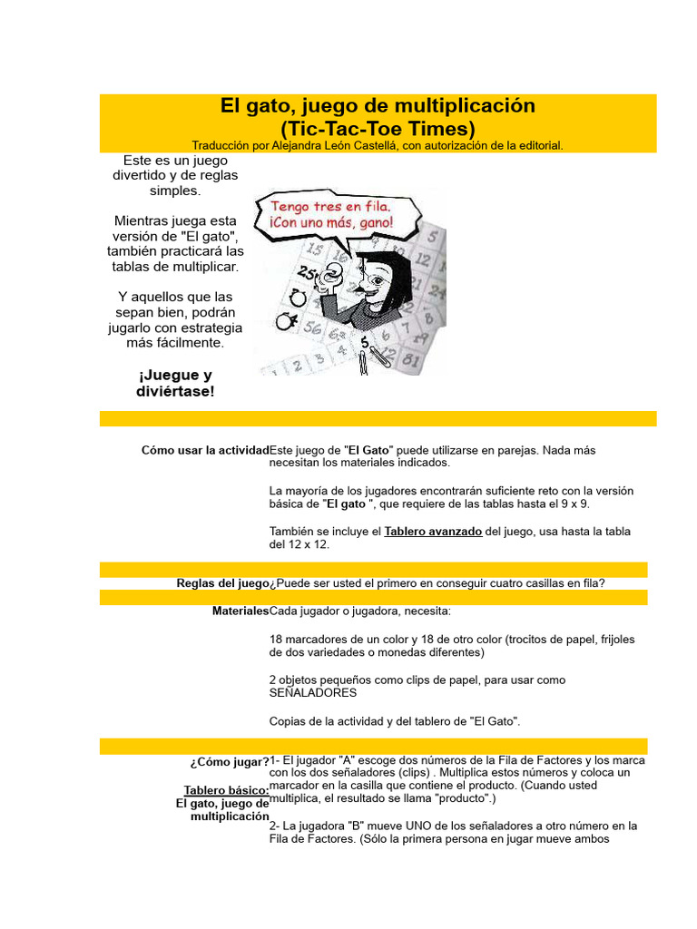 El Gato - Juego de Multiplicación | PDF | Multiplicación | Estrategia ...