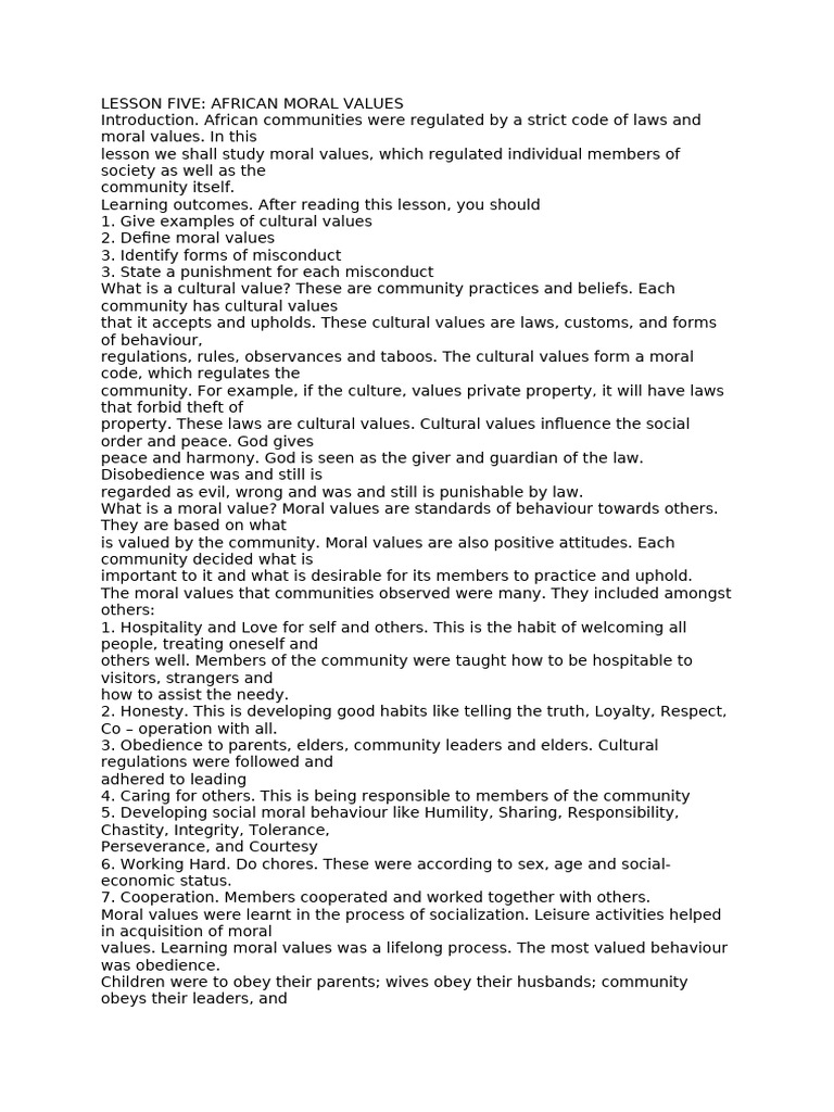 Lesson 5. African Moral Values | PDF | Morality | Social Psychology