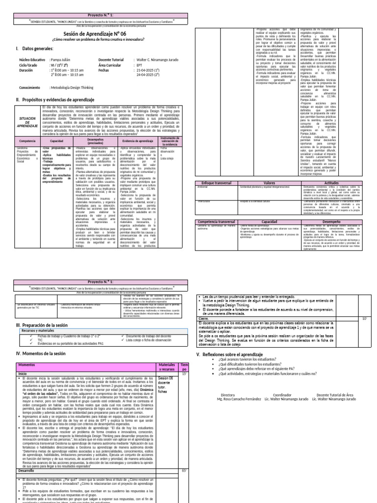 SESION 06 21-04-2025 1° y 2° (Design Thinking) | PDF | Aprendizaje | Maestros
